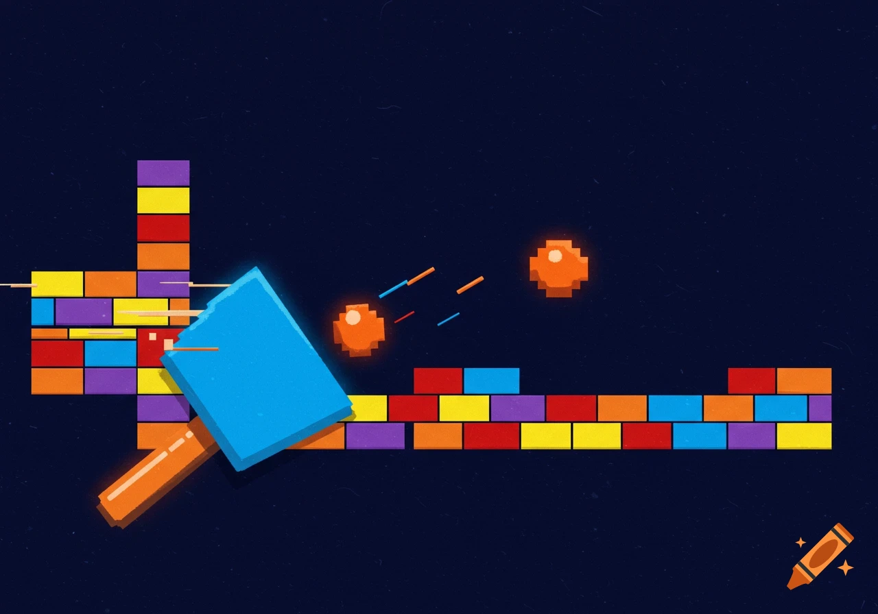 Pixel art depiction of a Brick Breaker game with paddle, ball, and ...