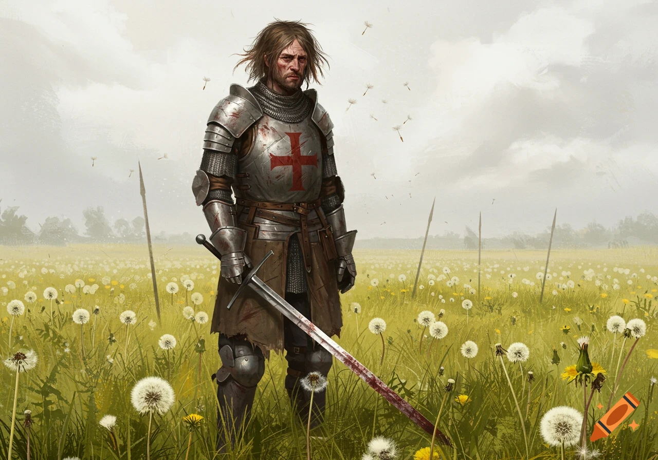 A battle-hardened medieval knight stands in a field of dandelions ...