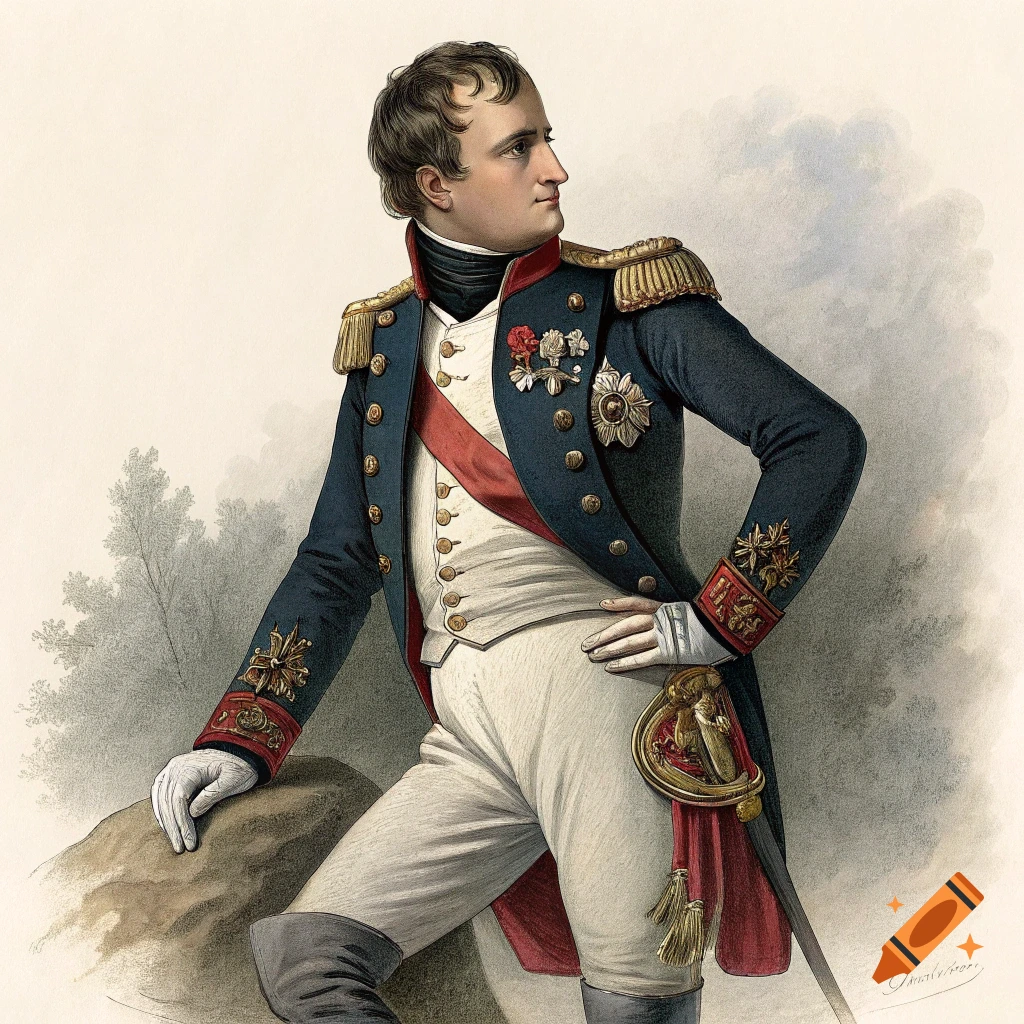 Illustration of Napoleon Bonaparte in military uniform with a red sash ...