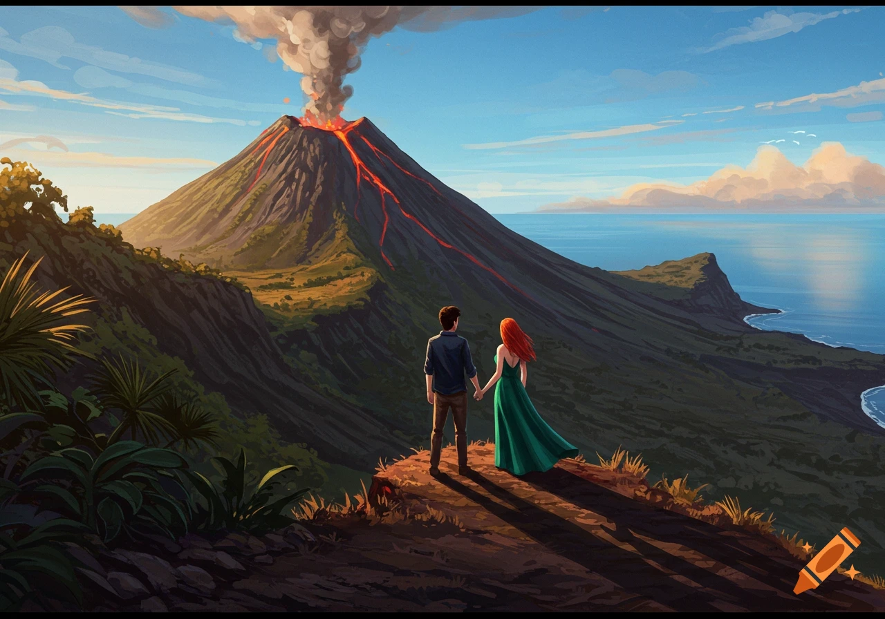 Couple watches an erupting volcano over the ocean from a cliff ...