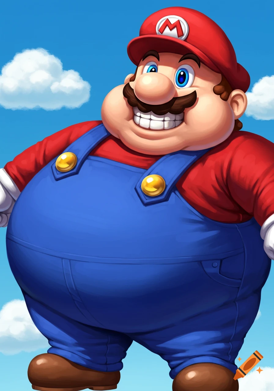 An illustration of a fat Mario smiling broadly against a blue sky on ...