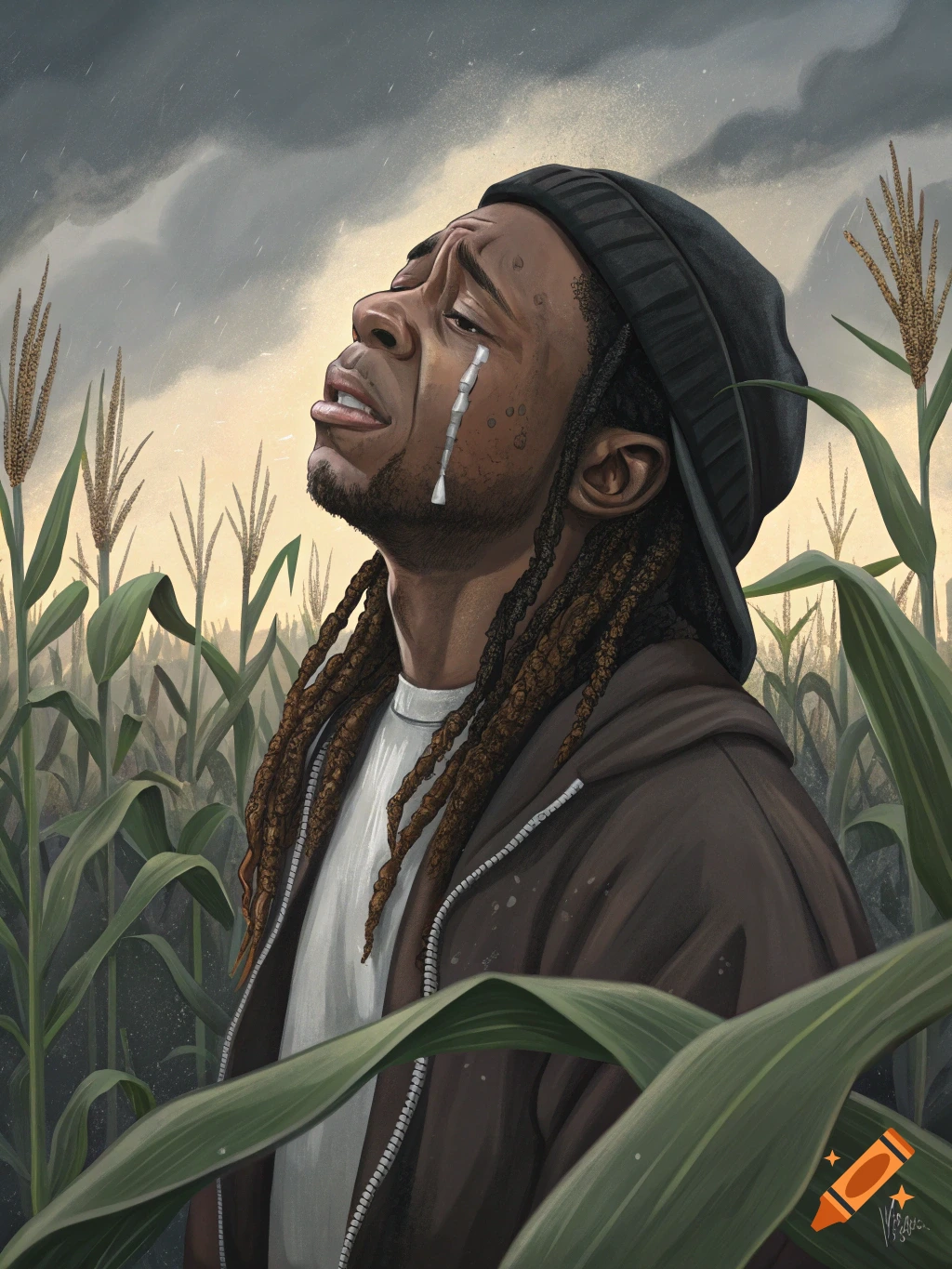 Illustration of a man with dreadlocks crying in a corn field in the ...
