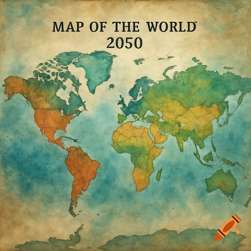 Watercolor world map with text 'MAP OF THE WORLD 2050' on Craiyon
