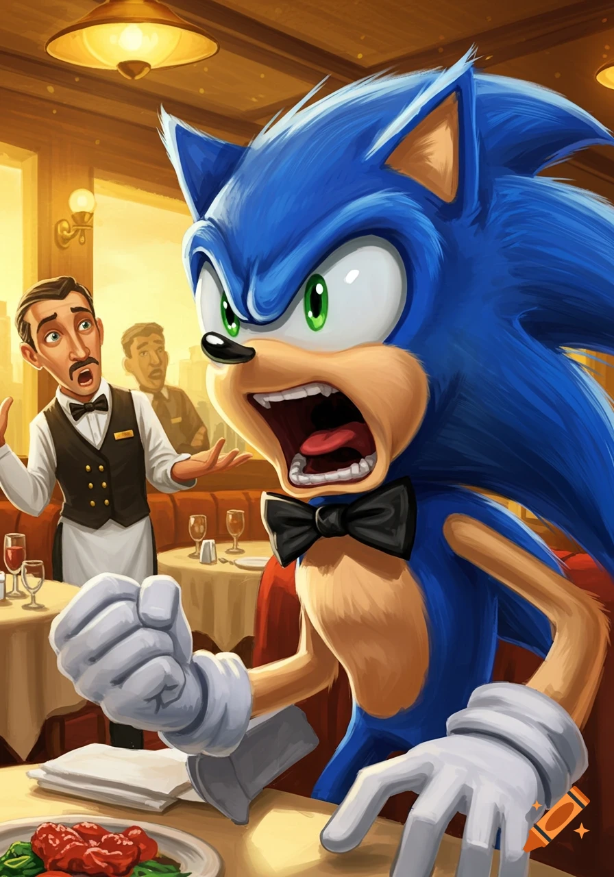 Angry Sonic the Hedgehog yells at a waiter in a busy restaurant ...