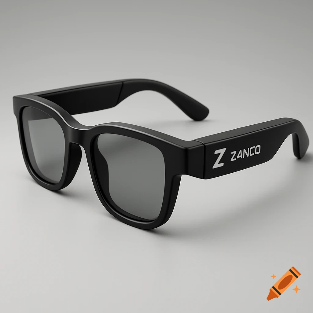 Photorealistic render of black smart glasses with a Zanco logo on the ...