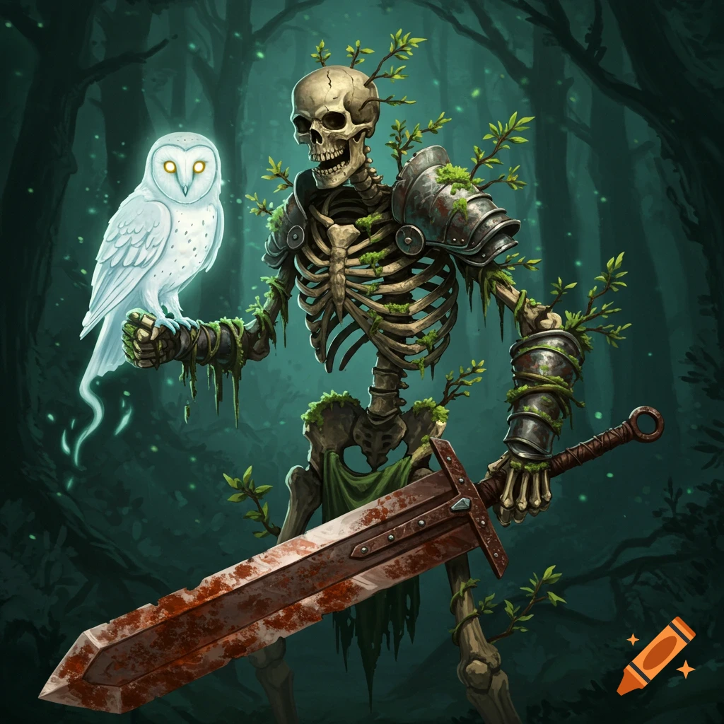 Skeleton warrior covered in vines holds a sword with a glowing white ...