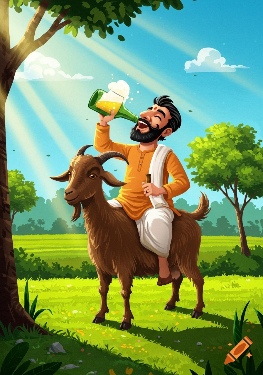 Cartoon illustration of a South Asian man riding a goat and drinking ...