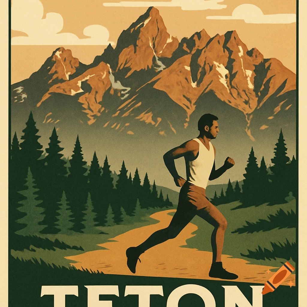 Vintage poster of a man running on a path in a mountain landscape with ...