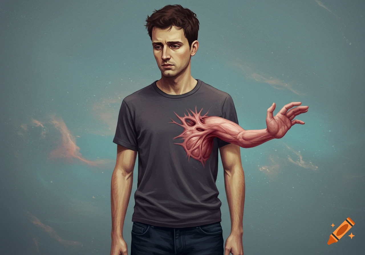 A man stands with a monstrous arm emerging from his chest. on Craiyon