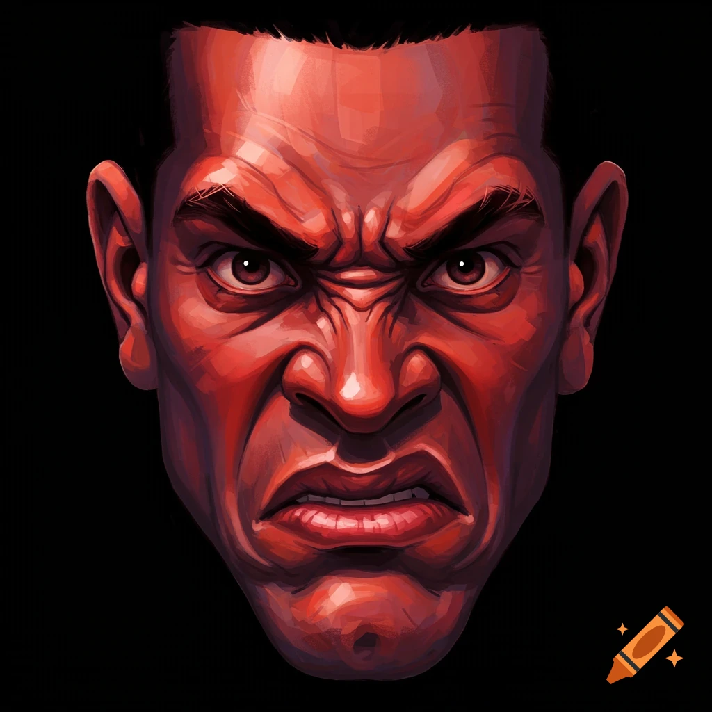 A stylized illustration of an angry human face with red skin. on Craiyon