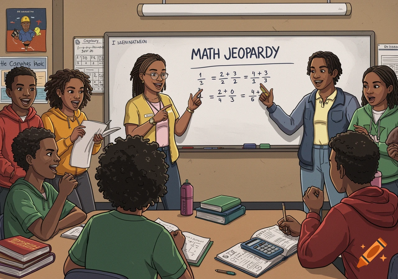 Illustration of black students and a teacher playing Math Jeopardy at a ...