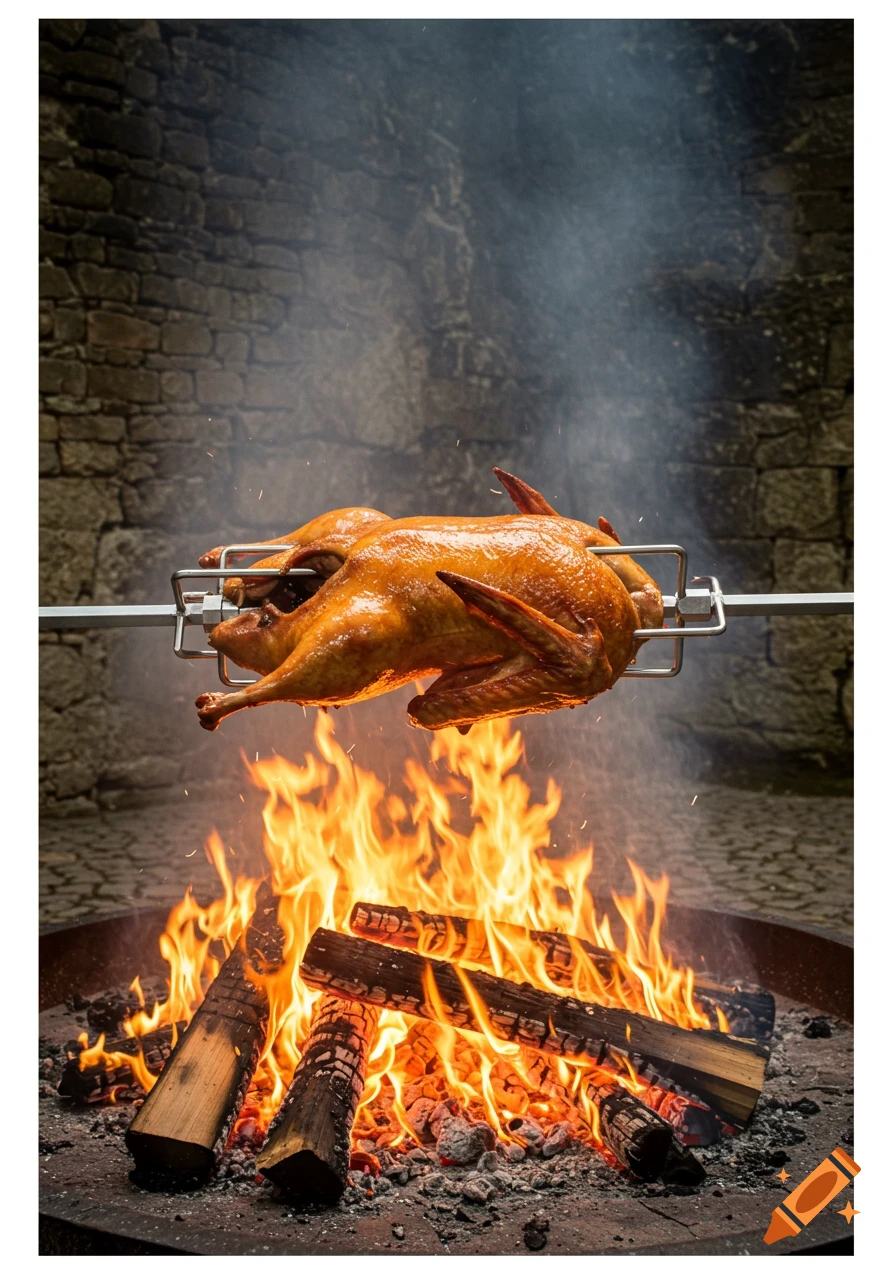 Roasted bird on a spit over a fire in a rustic setting on Craiyon