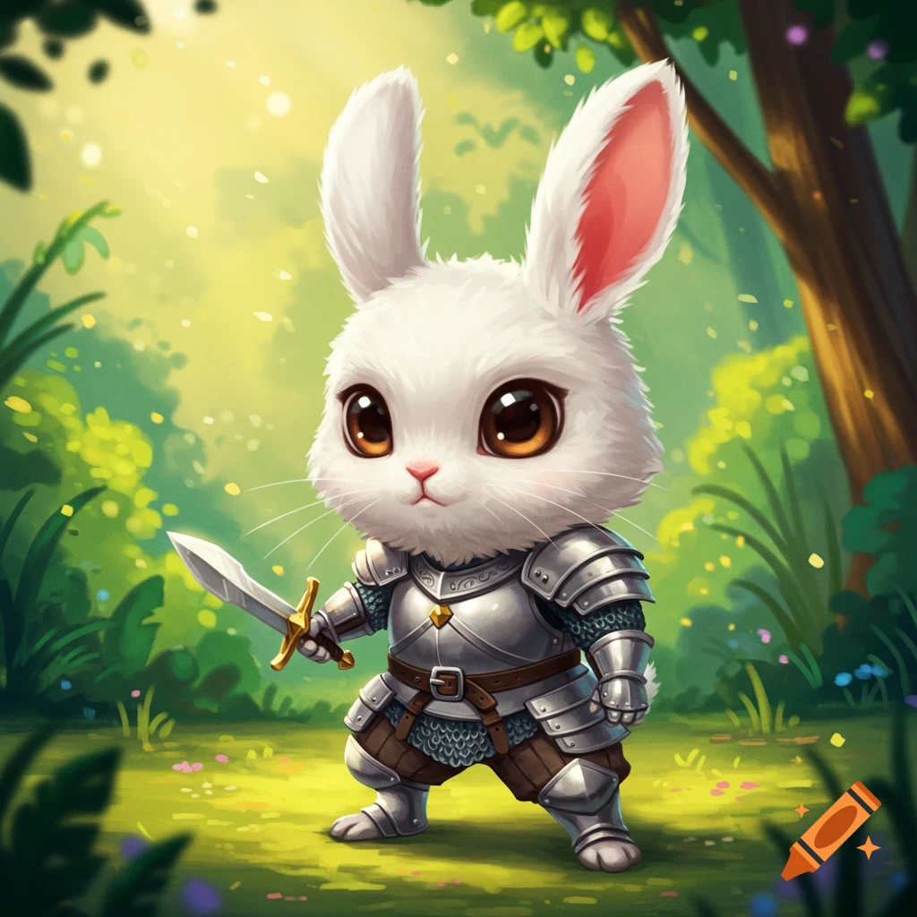 A cute white bunny wearing knight armor and holding a sword in a forest ...