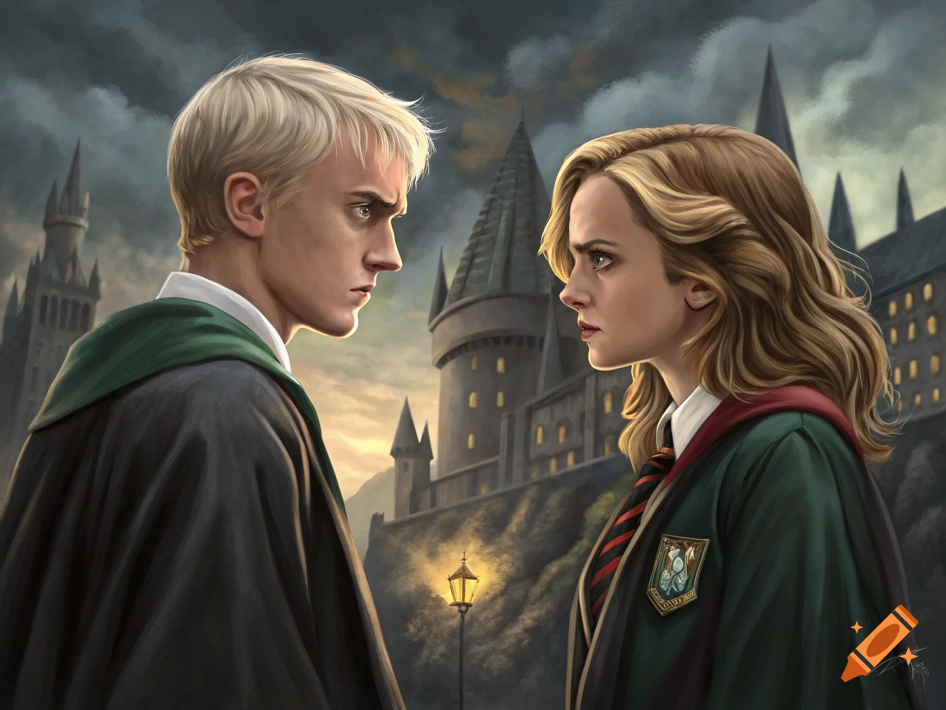 Draco Malfoy and Hermione Granger face each other in front of Hogwarts castle in a painterly ...