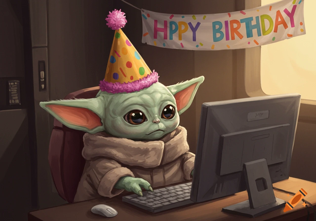 Grogu wearing a party hat works on a computer with a birthday banner ...