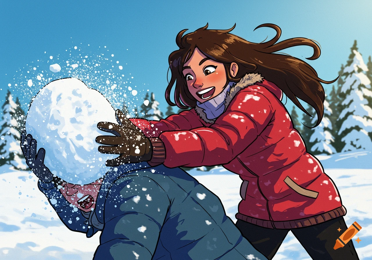 Cartoon Of Two People Having A Snow Fight On A Sunny Winter Day On Craiyon