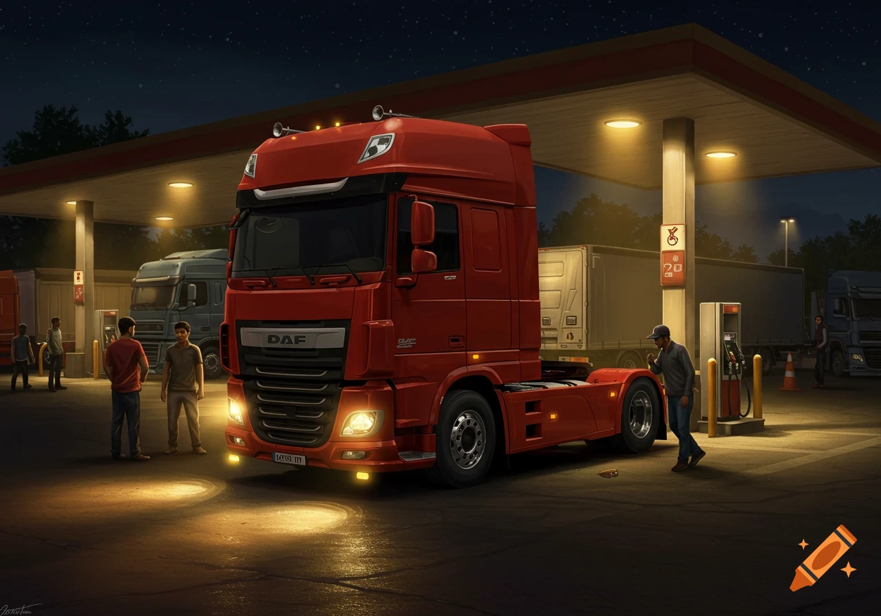 A red DAF truck is parked at a gas station at night with other trucks ...