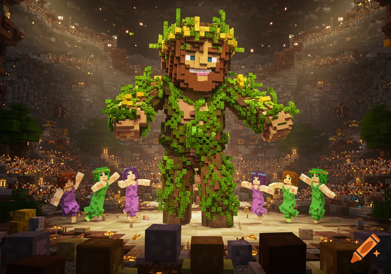 A large blocky creature covered in green leaves stands in a Minecraft ...