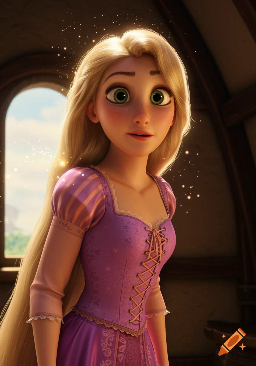 Close-up of Rapunzel looking out a window, her long blonde hair ...