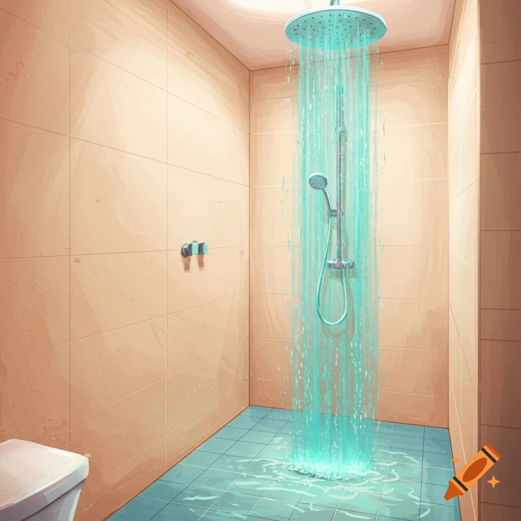 An illustration of a shower running in a tiled bathroom. on Craiyon