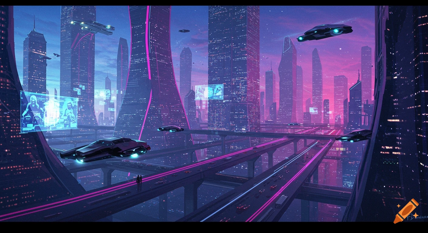 Digital art of a vibrant futuristic city at dusk with skyscrapers, elevated highways, and flying ...