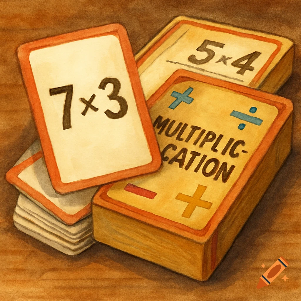 Watercolor illustration of multiplication flashcards, showing '7x3 ...