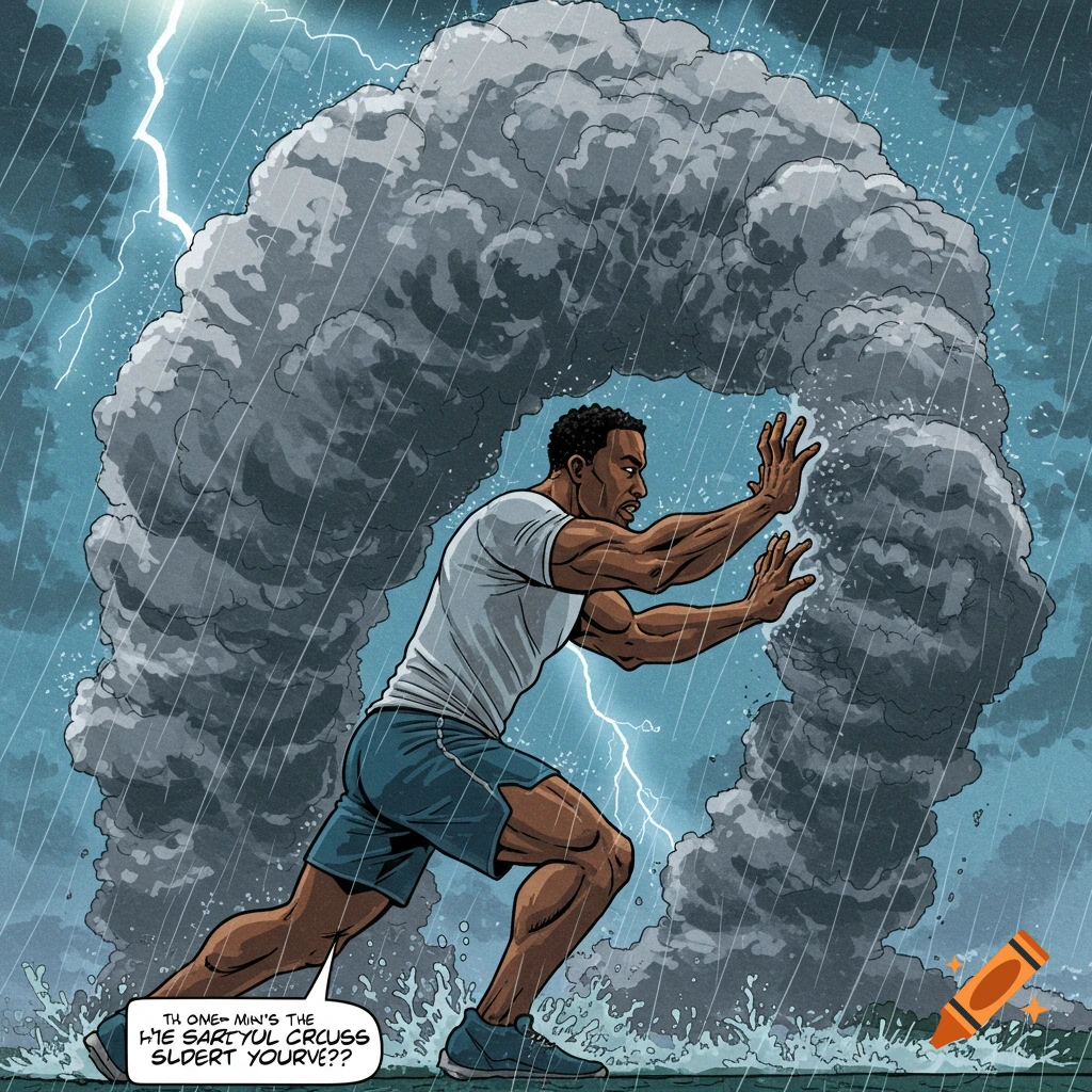 Man pushes back a storm cloud in a hurricane, comic book style ...