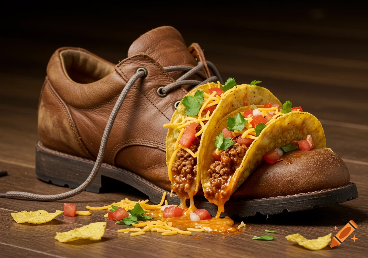 Photorealistic image of messy tacos stuffed inside a brown leather shoe ...
