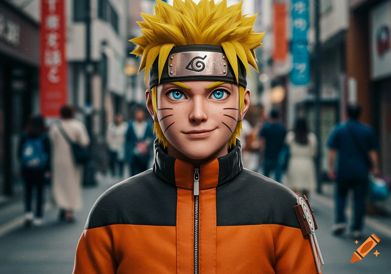 A realistic rendering of Naruto standing on an urban street. on Craiyon