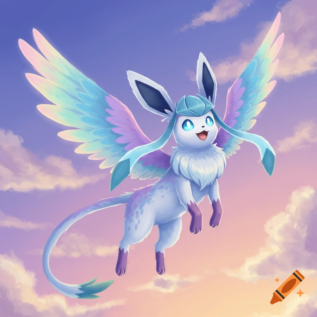 A fluffy winged creature resembling a Pokémon Eeveelution flies in a ...