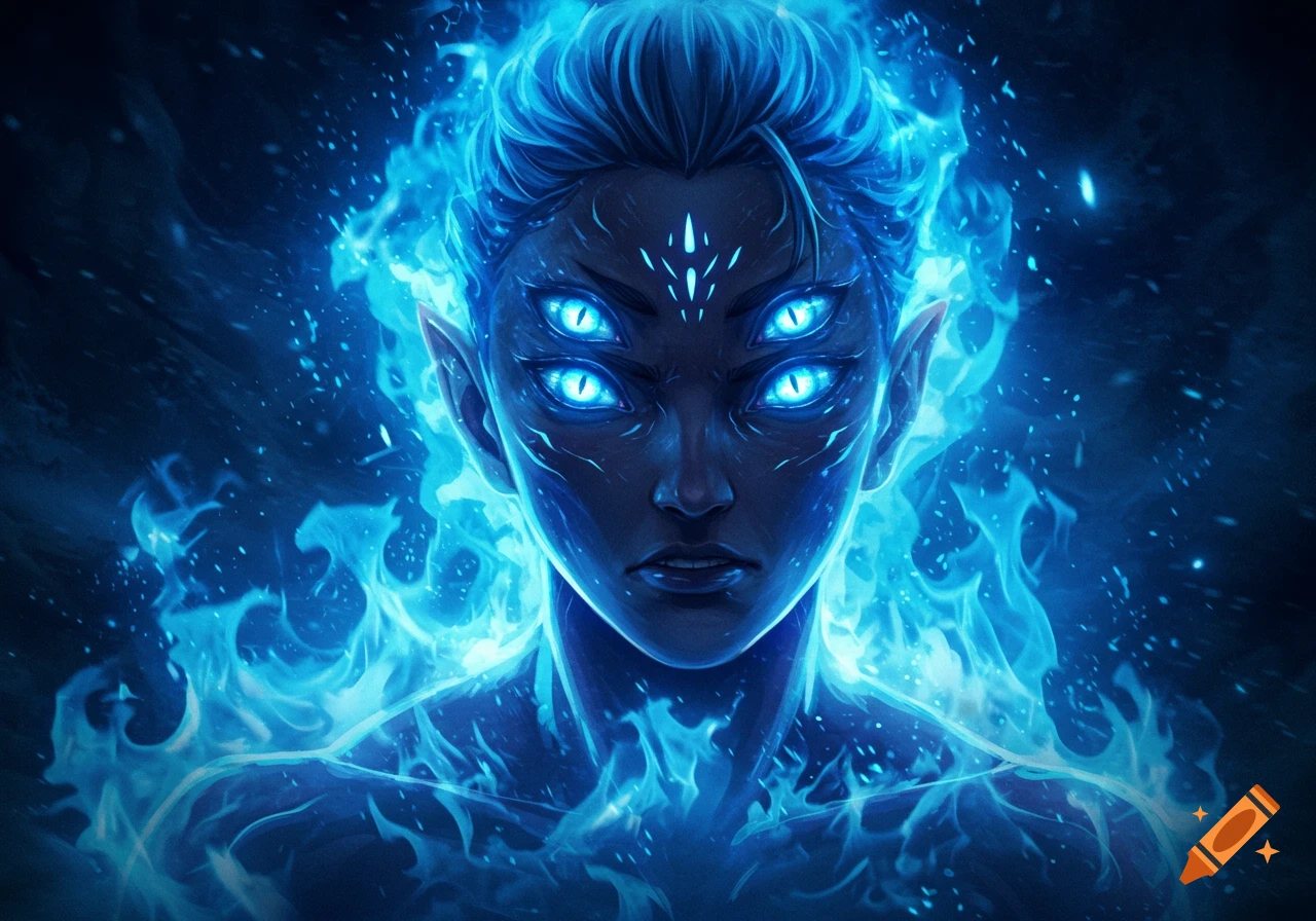 A fantasy character with four glowing blue eyes engulfed in blue flames ...