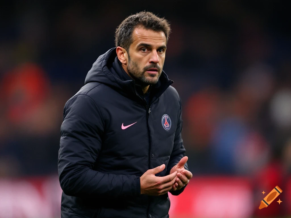 Man in a dark jacket with a PSG logo standing on a football field. on ...