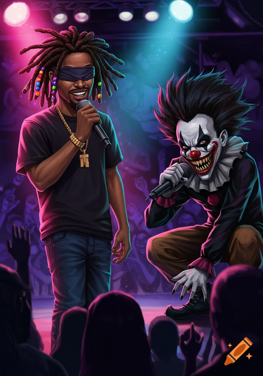 A blindfolded man with dreadlocks battles a scary clown on a stage with ...