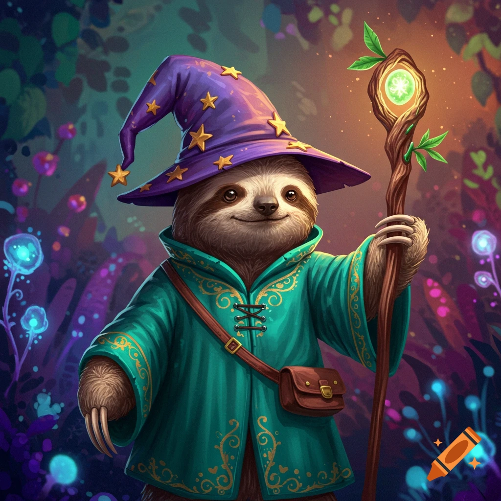 A sloth dressed as a wizard holds a glowing staff in a magical forest ...