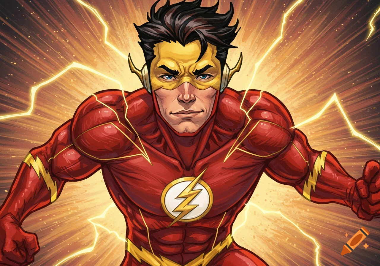 Comic book art of a superhero in a red suit with a lightning symbol ...