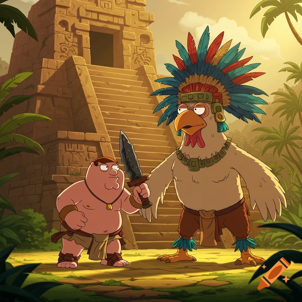 Cartoon characters Peter Griffin and Giant Chicken dressed as Aztecs ...