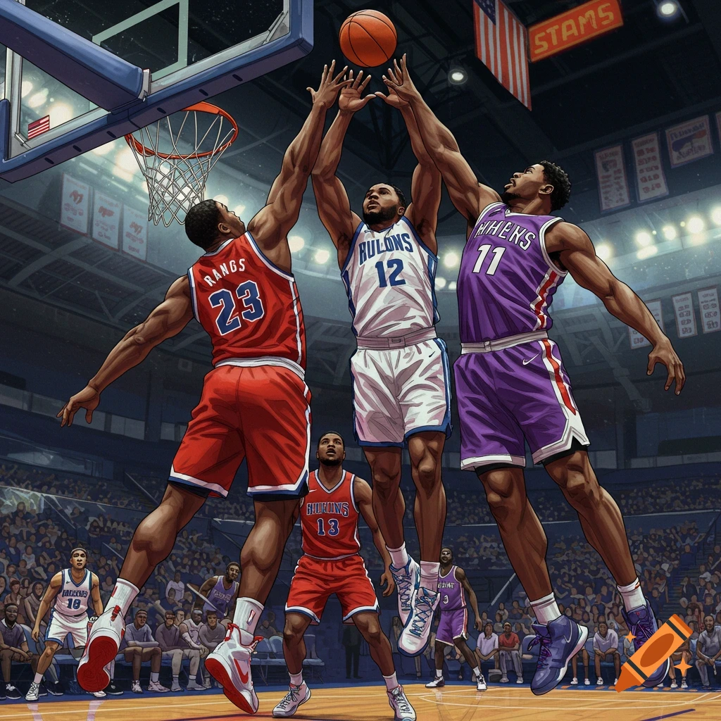 Illustration of three basketball players jumping for a rebound during a ...