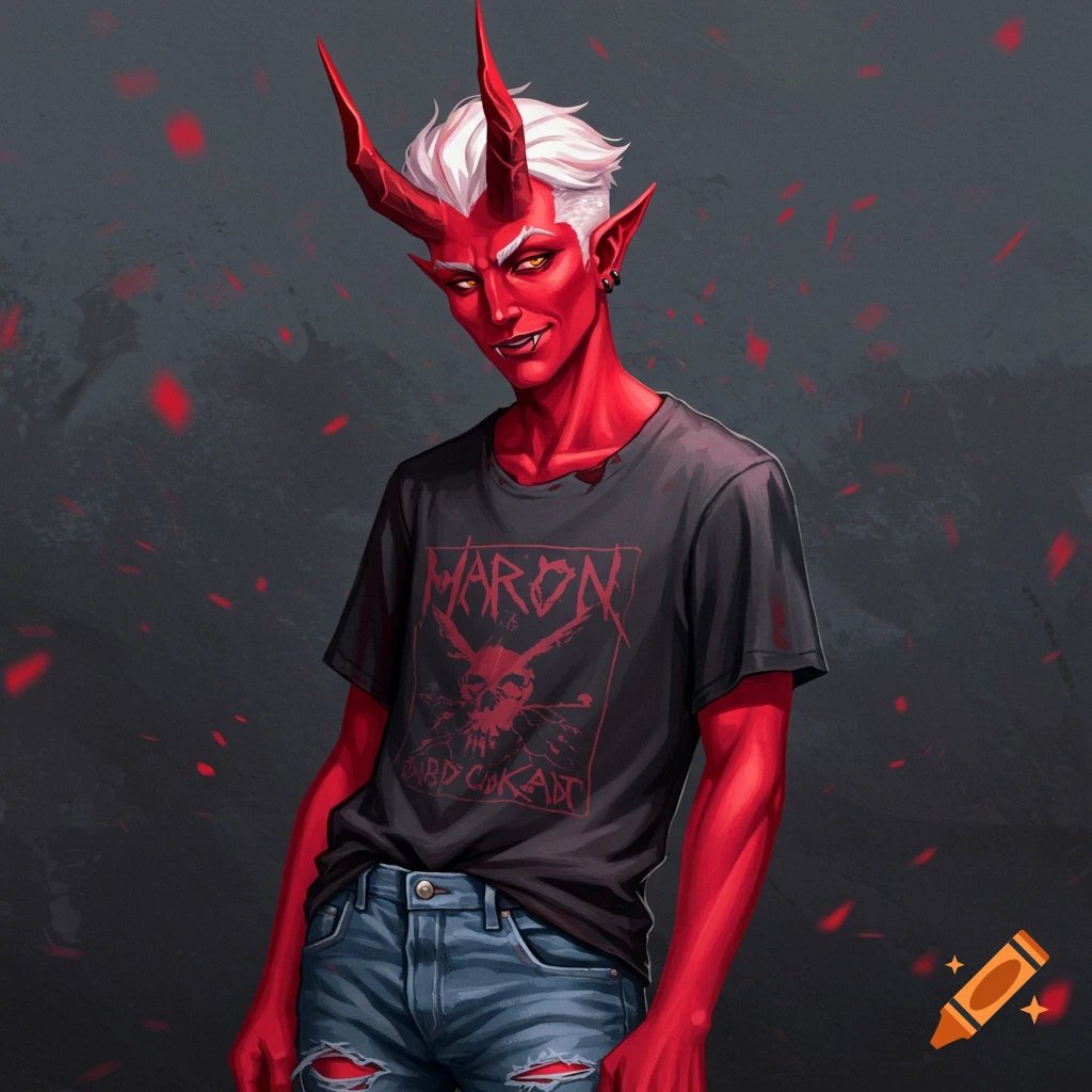 Illustration of a red-skinned demon with horns and white hair wearing a ...
