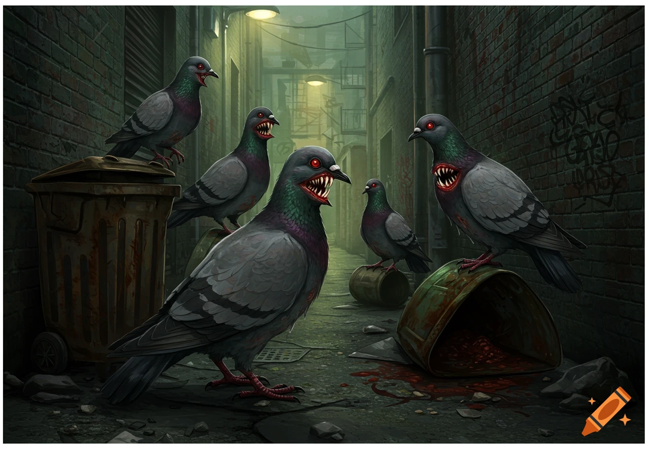 Mutated pigeons with sharp teeth in a dark alley on Craiyon