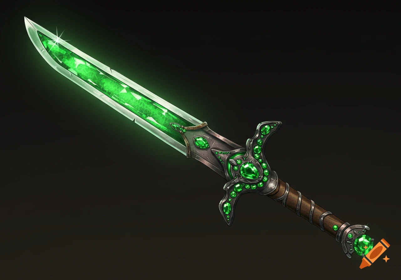 A fantasy sword with a green crystalline blade and jewel-covered hilt ...