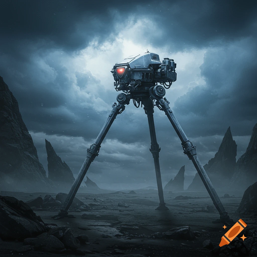 A large tripod robot stands in a dark, rocky landscape under stormy ...