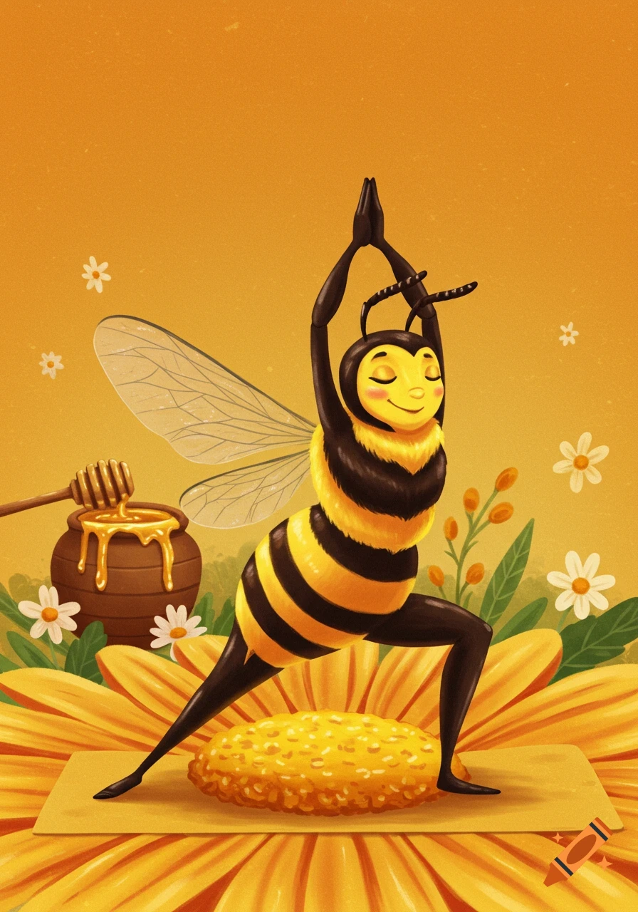 Illustration of a cartoon bee doing a yoga pose on a flower with a pot ...