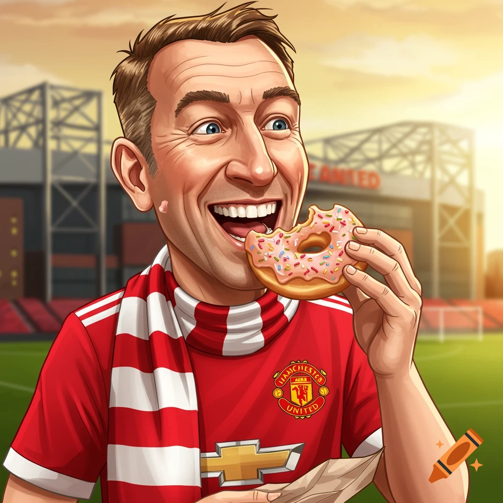 Cartoon man wearing Manchester United gear, eating a donut at a stadium ...