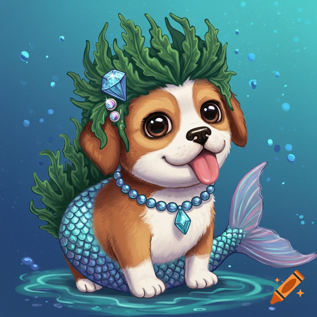 Cartoon corgi dog dressed as a mermaid with seaweed hair and diamond ...