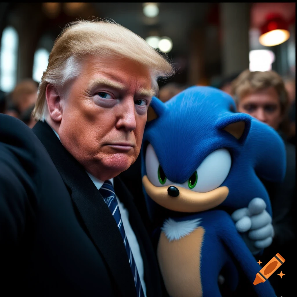 Photorealistic image of Donald Trump and Sonic the Hedgehog posing ...