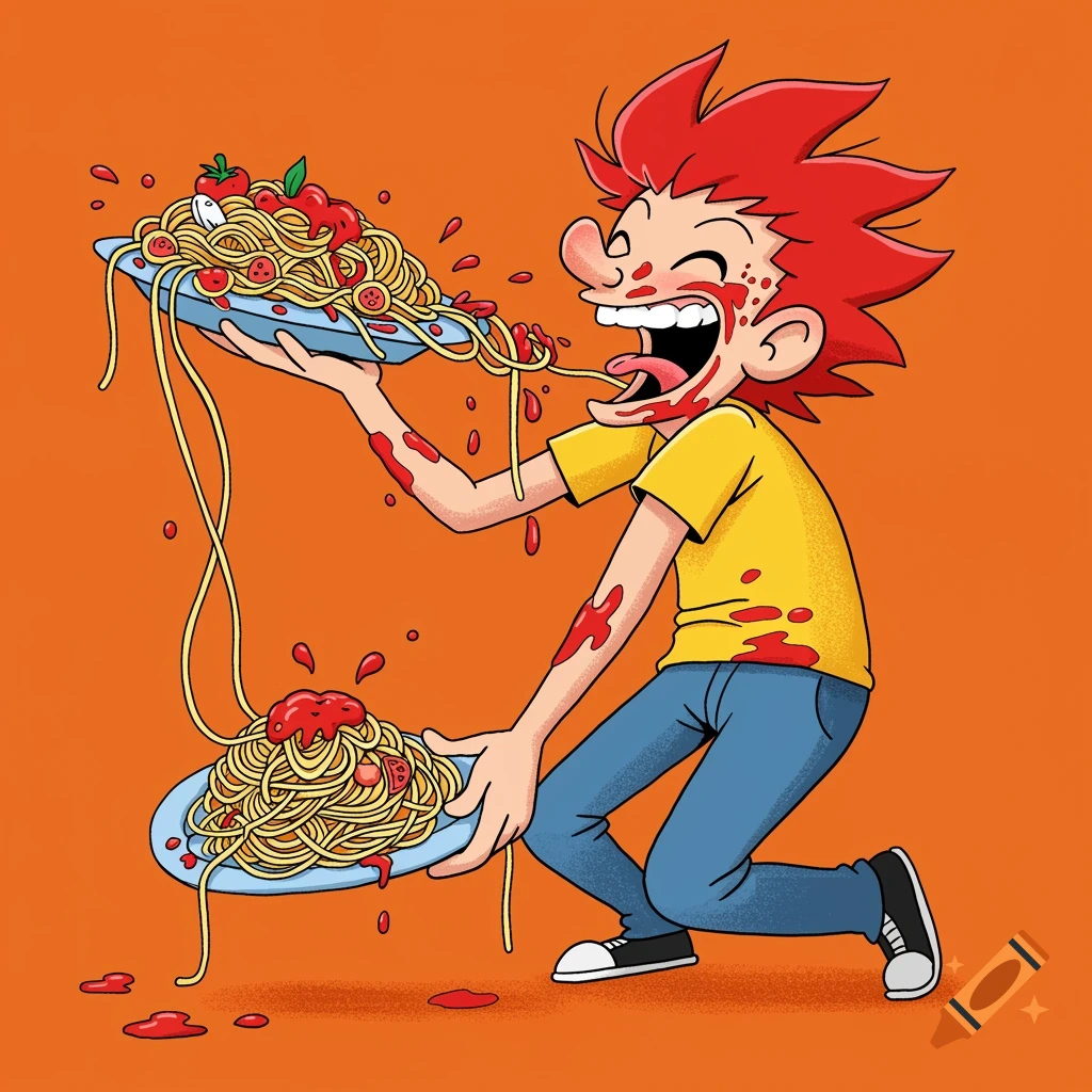 Cartoon of a person with red hair eating a large plate of spaghetti ...