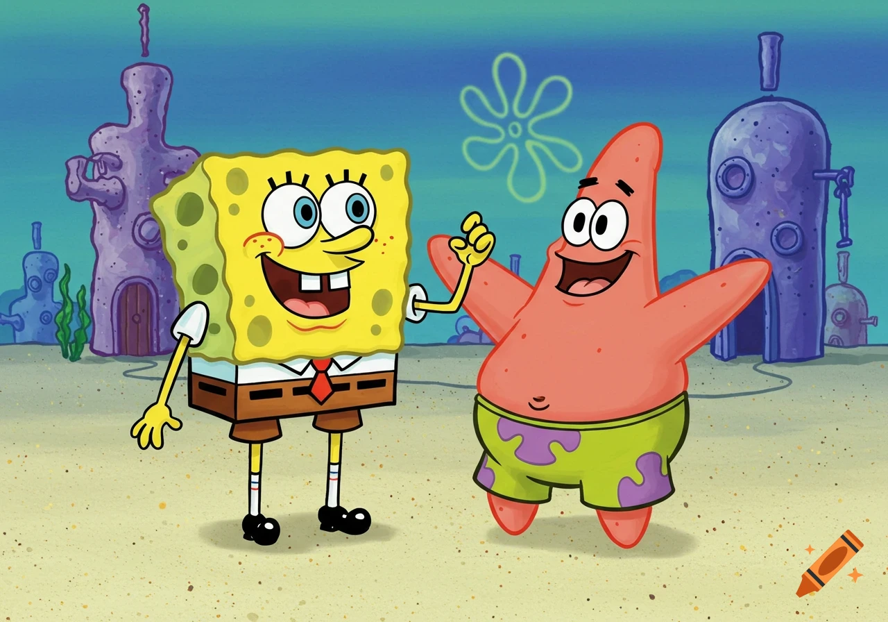 Spongebob Squarepants and Patrick Star stand together smiling in an ...