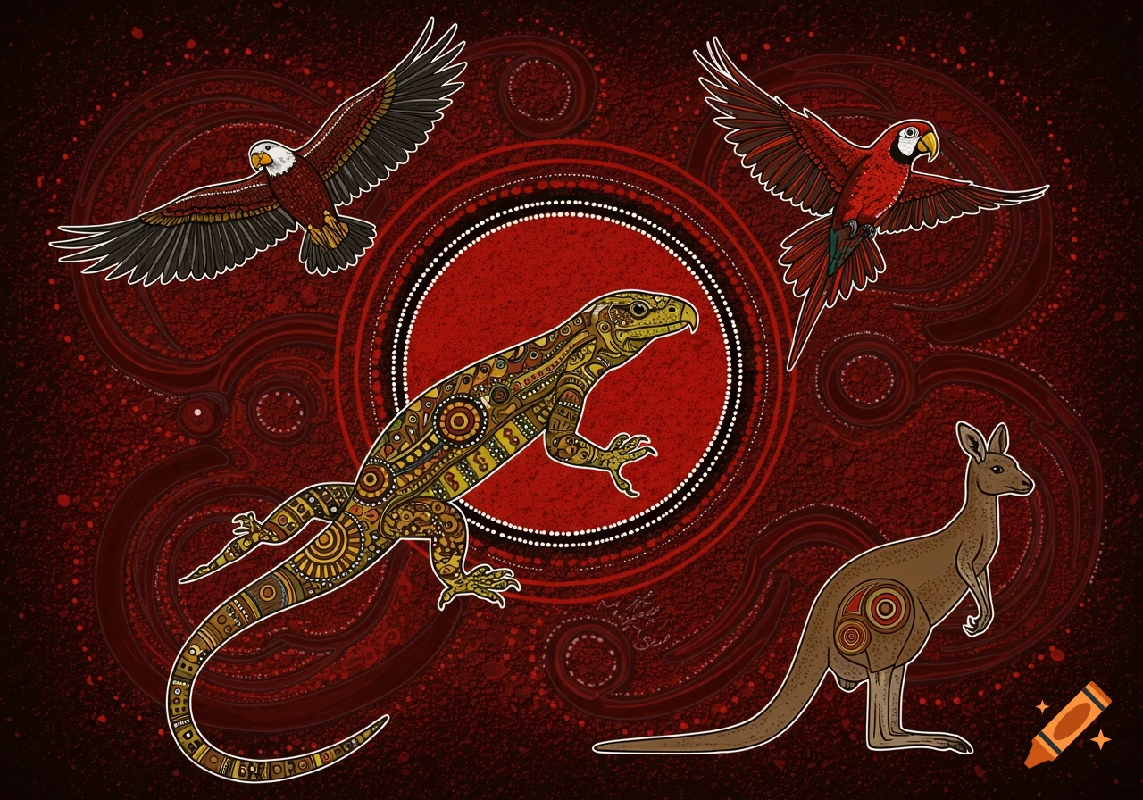 Indigenous Australian art of eagle, goanna, parrot, kangaroo with dot ...
