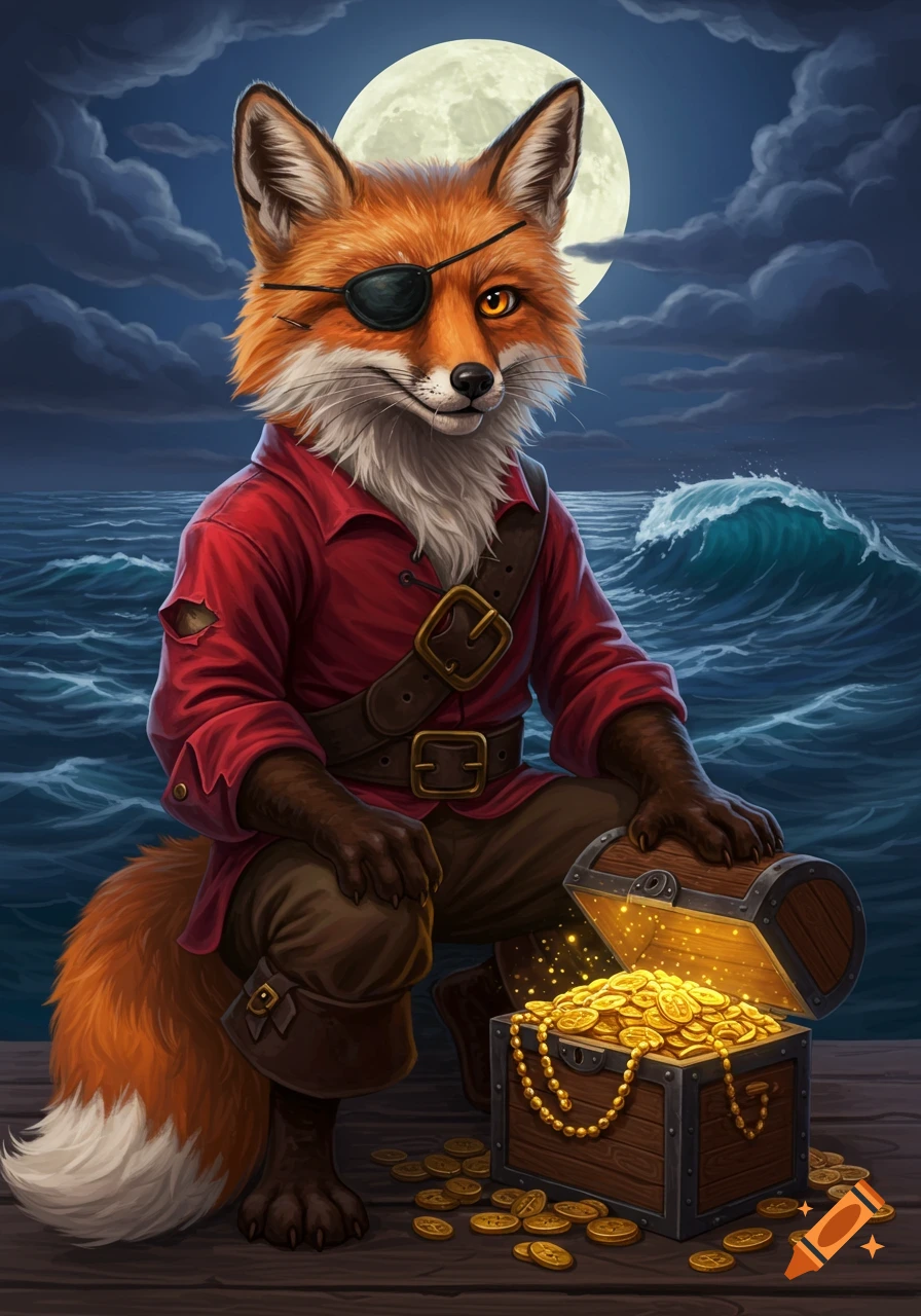 A pirate fox kneels beside a glowing treasure chest filled with gold ...