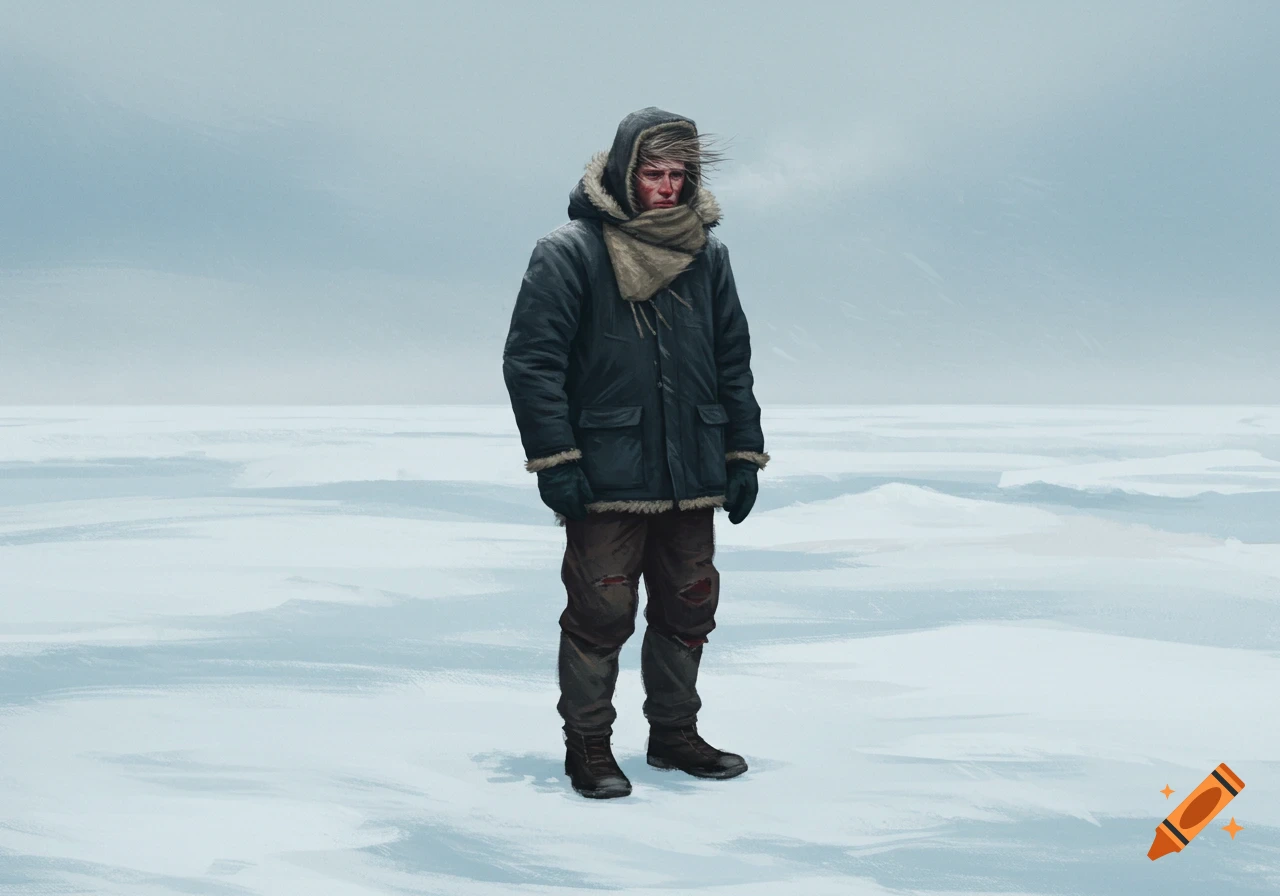 A lone man bundled in winter clothing stands on icy plains looking cold ...